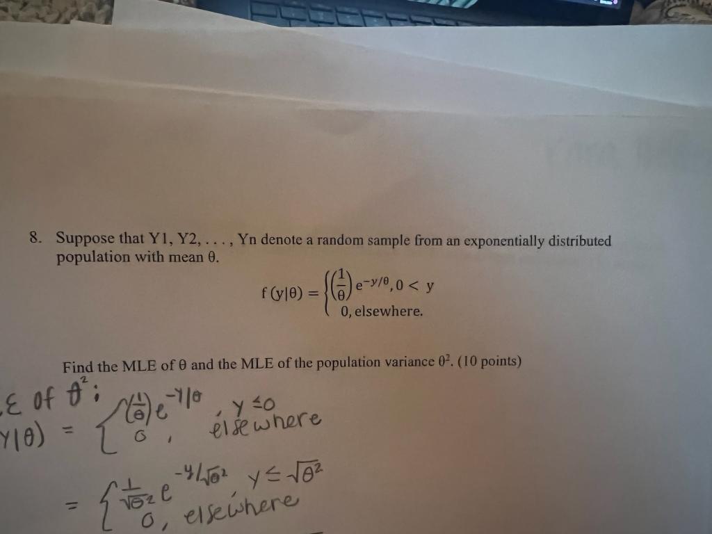 Solved 8. Suppose that YI, Y2, ..., Yn denote a random | Chegg.com