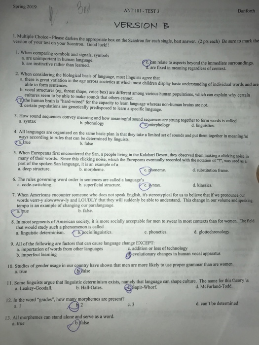2019 ANT 101-TEST 3 Danforth VERSION B 1. Multiple | Chegg.com