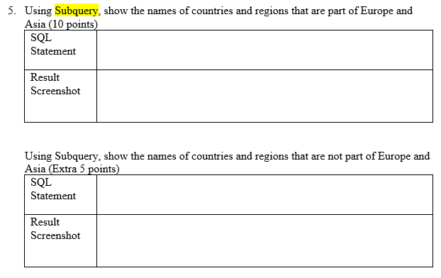 Solved 5. Using Subquery, show the names of countries and | Chegg.com