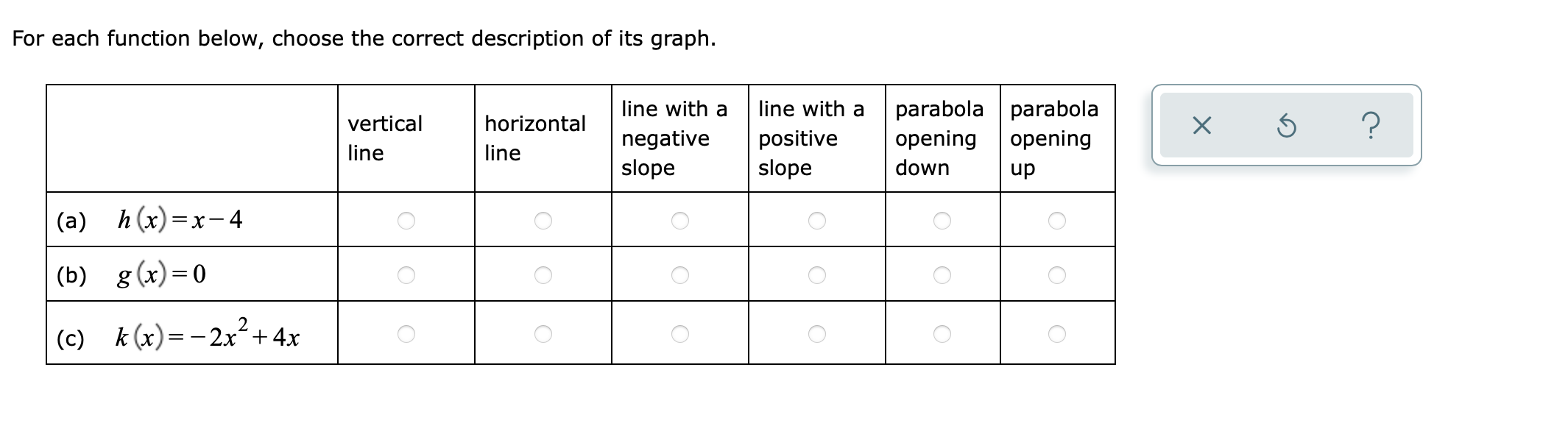 Solved For each function below, choose the correct | Chegg.com