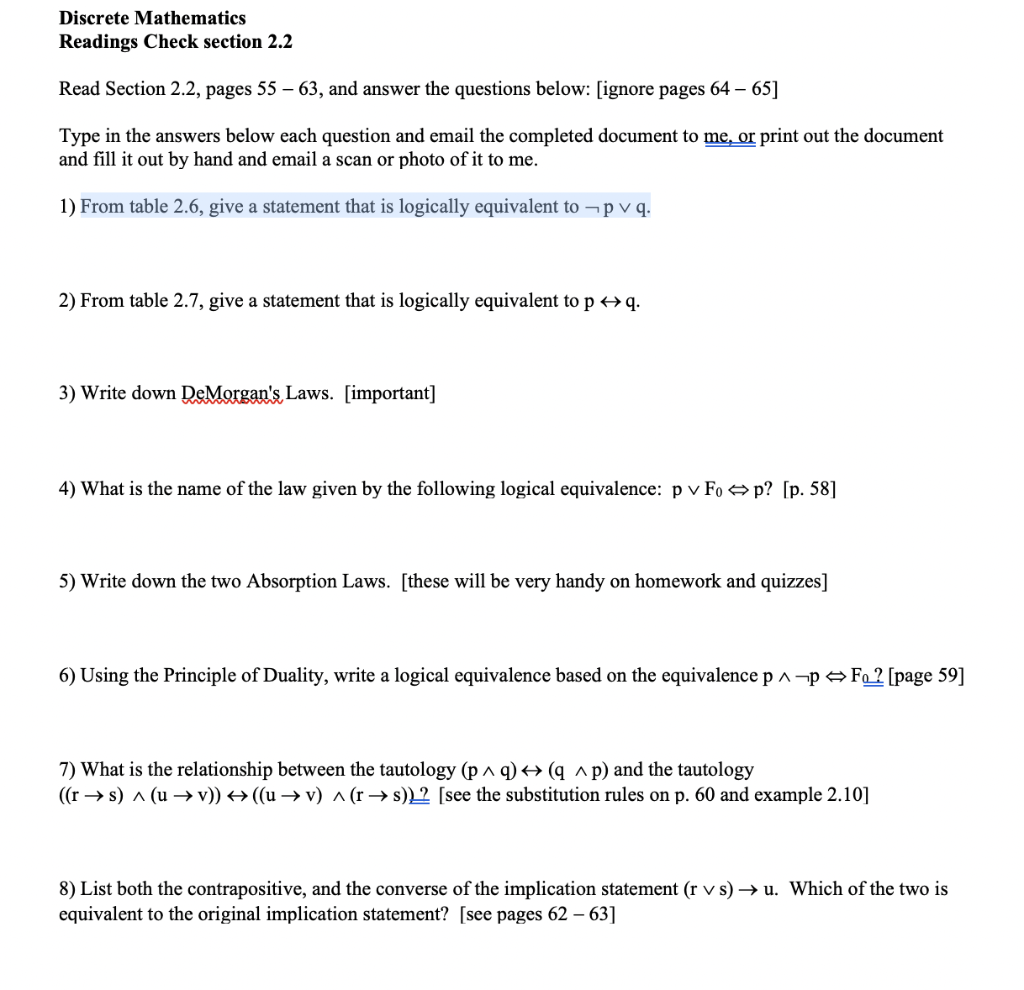 Solved Discrete Mathematics Readings Check section 2.2 Read | Chegg.com