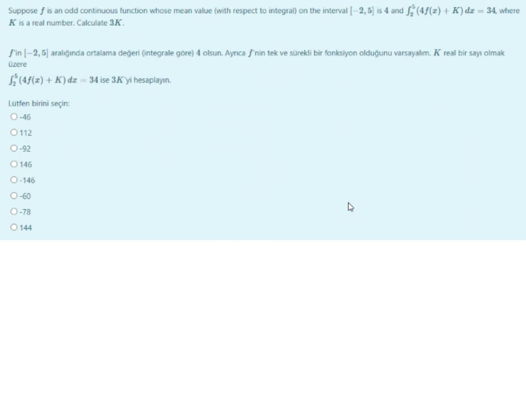 Solved Suppose f is an odd continuous function whose mean | Chegg.com