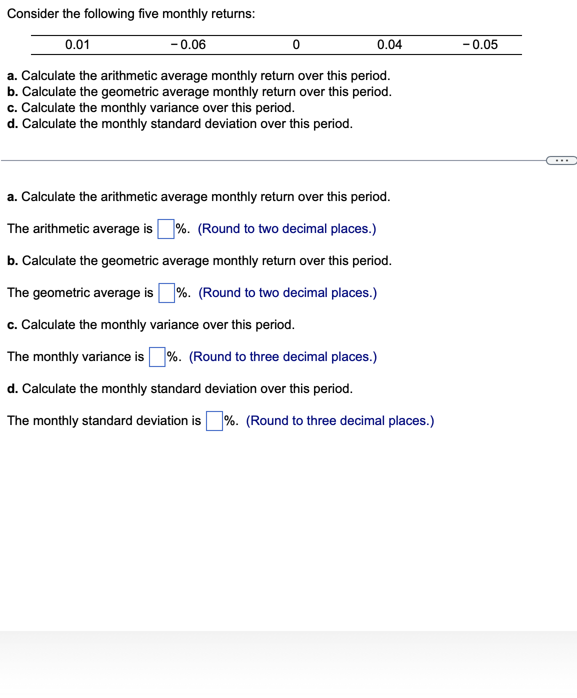 Solved Consider the following five monthly returns: a. | Chegg.com