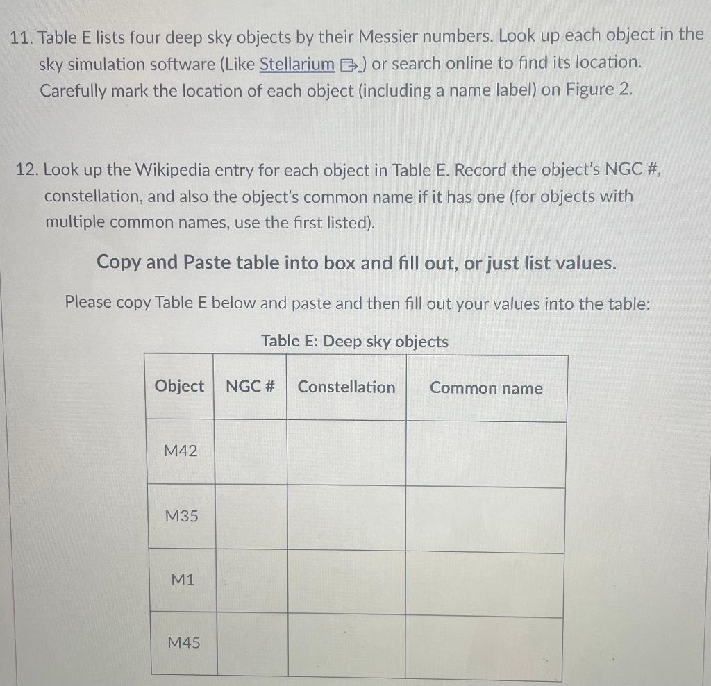 Solved 11. Table E lists four deep sky objects by their | Chegg.com