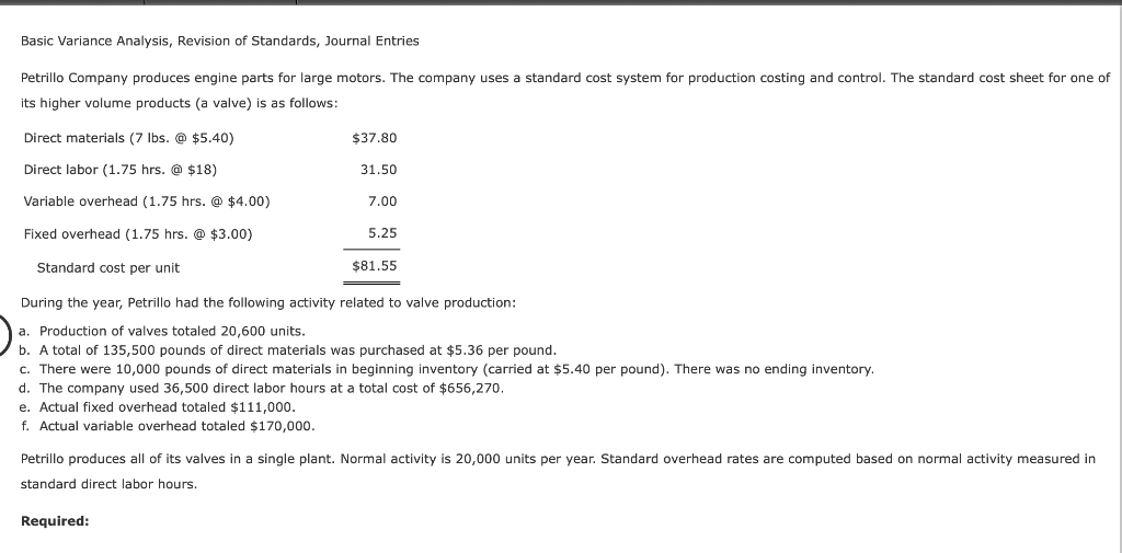 Solved Basic Variance Analysis, Revision of Standards, | Chegg.com