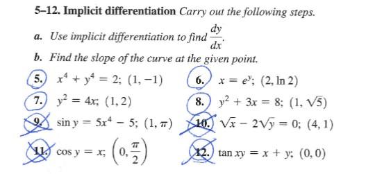 Solved 5-12. Implicit differentiation Carry out the | Chegg.com