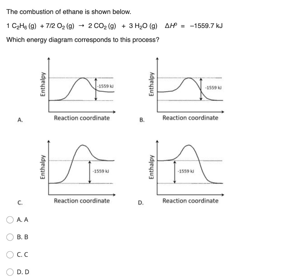 Solved The combustion of ethane is shown below. 1 C2H6 (g) + | Chegg.com
