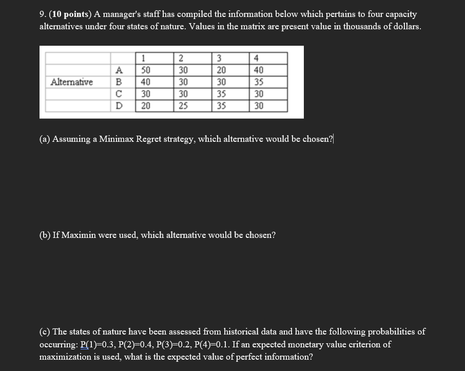 Solved 9. (10 points) A manager's staff has compiled the | Chegg.com