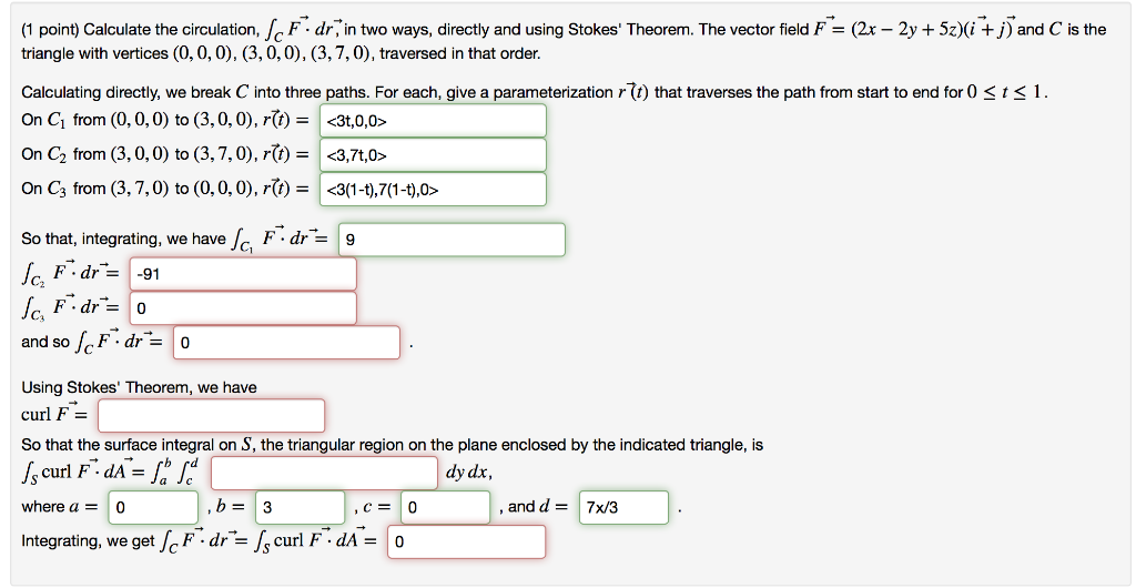 Solved (1 point) Calculate the circulation, c F-dr, in two | Chegg.com