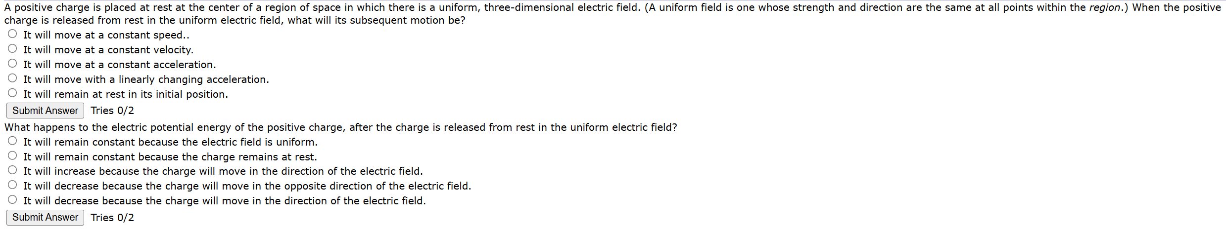 Solved charge is released from rest in the uniform electric | Chegg.com