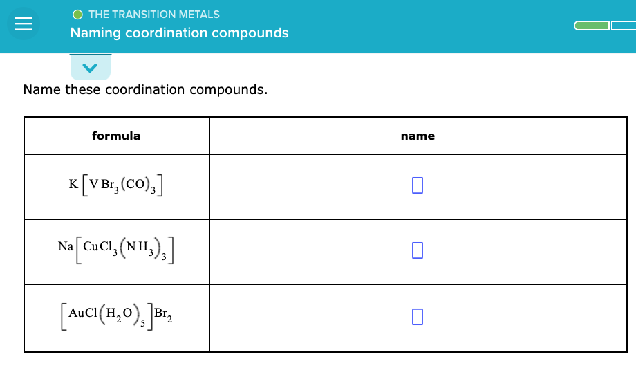 Solved O THE TRANSITION METALS Naming coordination compounds | Chegg.com