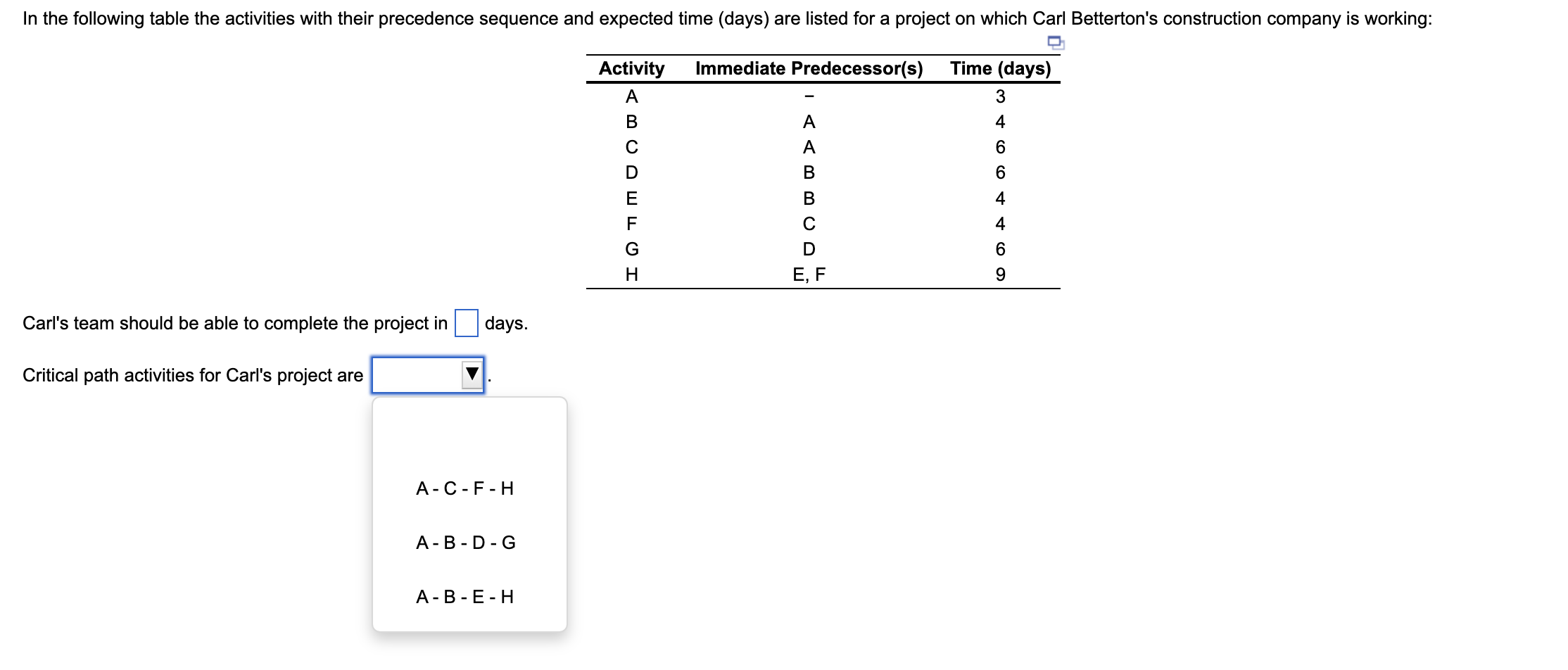 Solved Carl's team should be able to complete the project in | Chegg.com