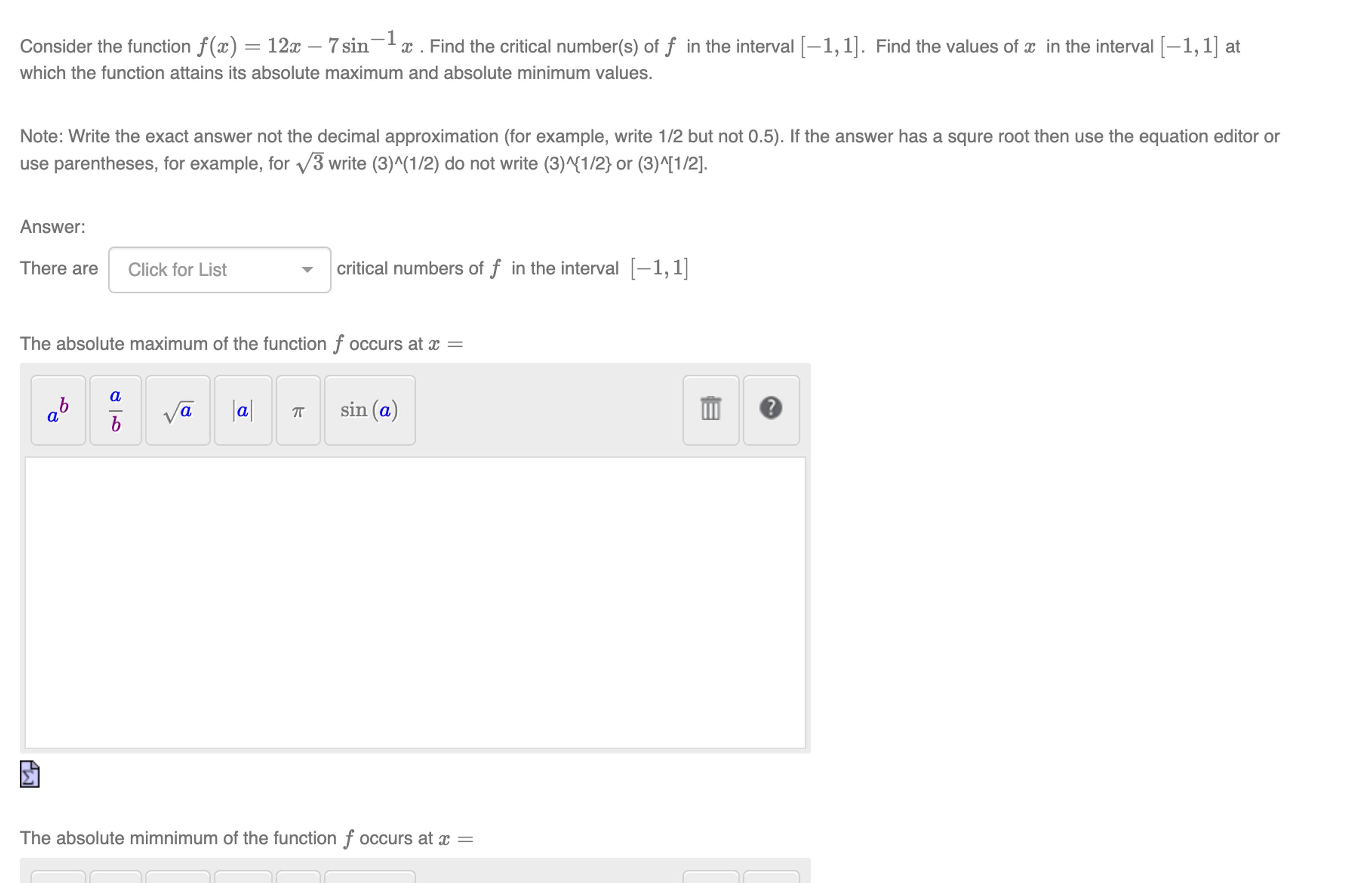 Solved Consider the function f(x)=12x-7sin-1x. ﻿Find the | Chegg.com