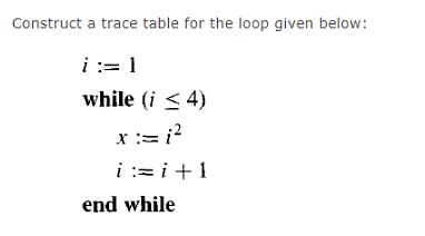 Solved Construct a trace table for the loop given below: i:= | Chegg.com