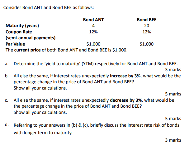 Consider Bond ANT and Bond BEE as follows: a. | Chegg.com