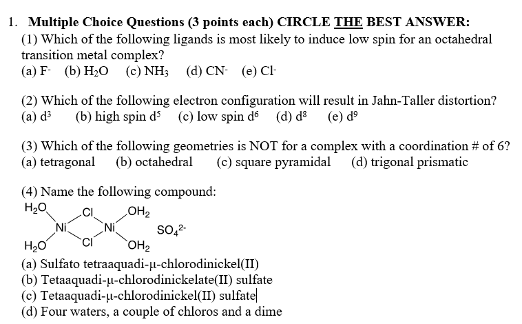 Solved 1. Multiple Choice Questions (3 points each) CIRCLE | Chegg.com