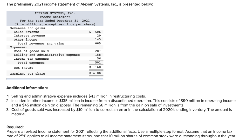 Solved The preliminary 2021 income statement of Alexian | Chegg.com