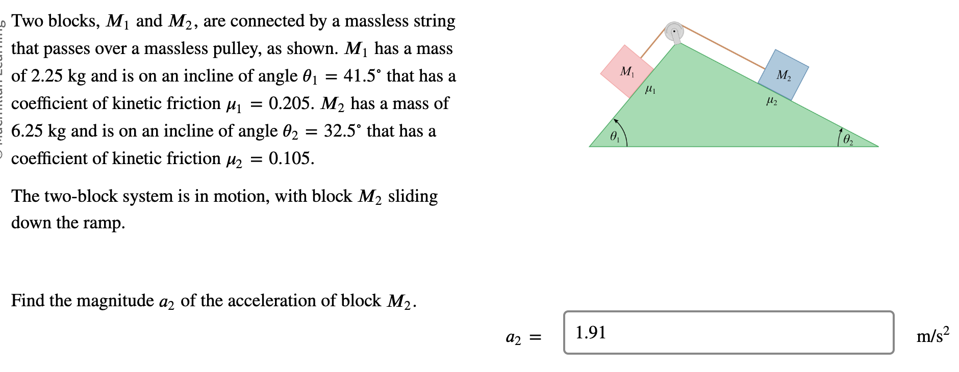 Solved Two blocks, M1 and M2, are connected by a massless | Chegg.com
