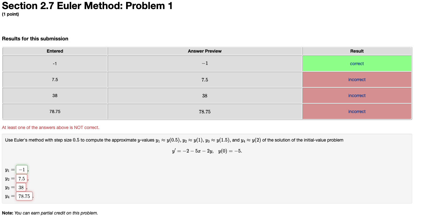 Solved Section 2.7 Euler Method: Problem 1 (1 point) Results | Chegg.com