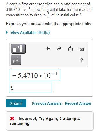 Solved A certain first-order reaction has a rate constant | Chegg.com