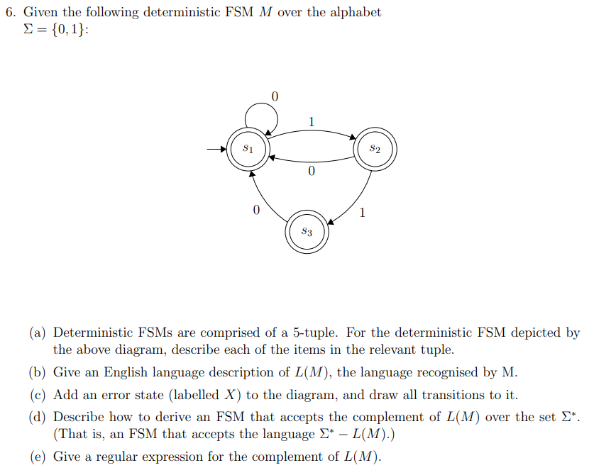 Solved 6. Given the following deterministic FSM M over the | Chegg.com