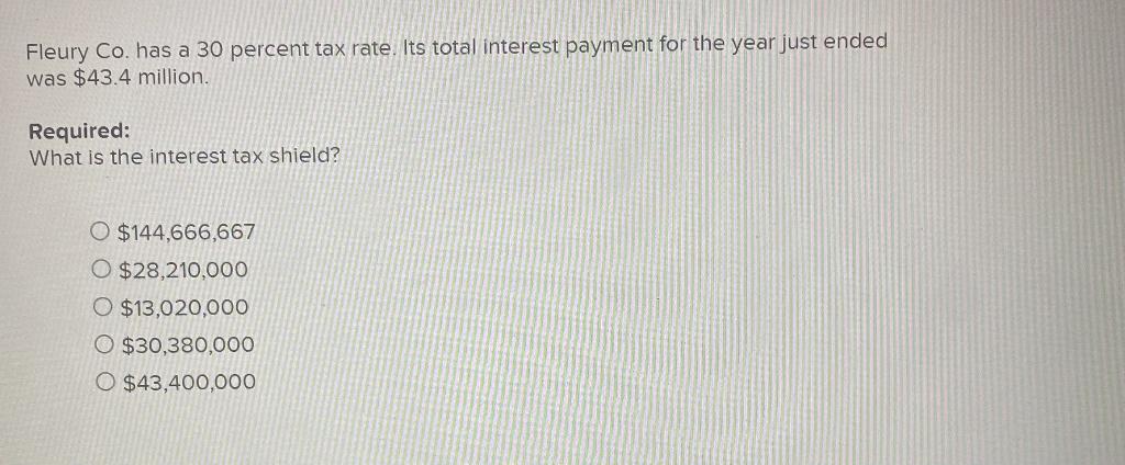 Solved Fleury Co. has a 30 percent tax rate. Its total | Chegg.com