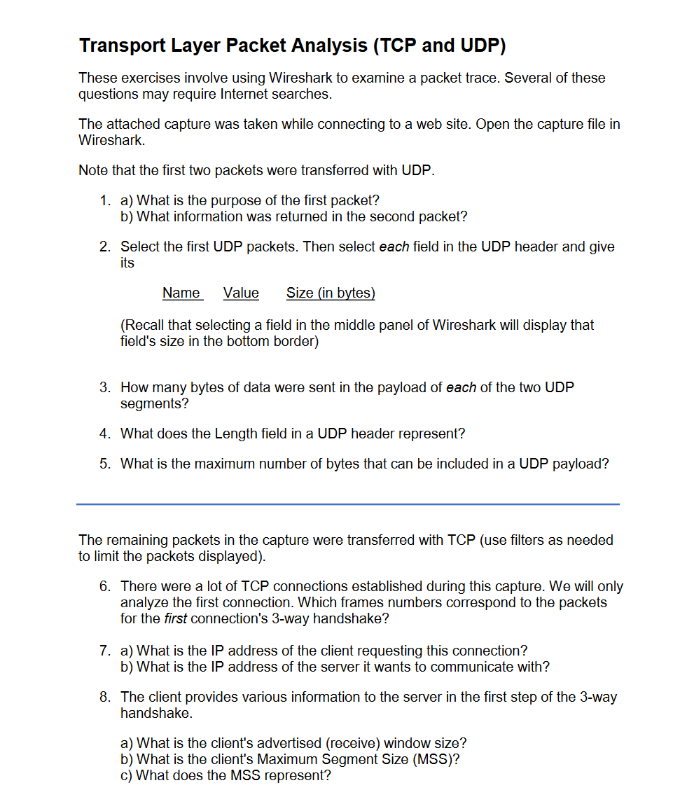 Transport Layer Packet Analysis (TCP and UDP) These | Chegg.com