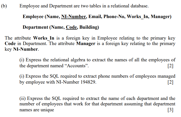 Solved (b) Employee and Department are two tables in a | Chegg.com