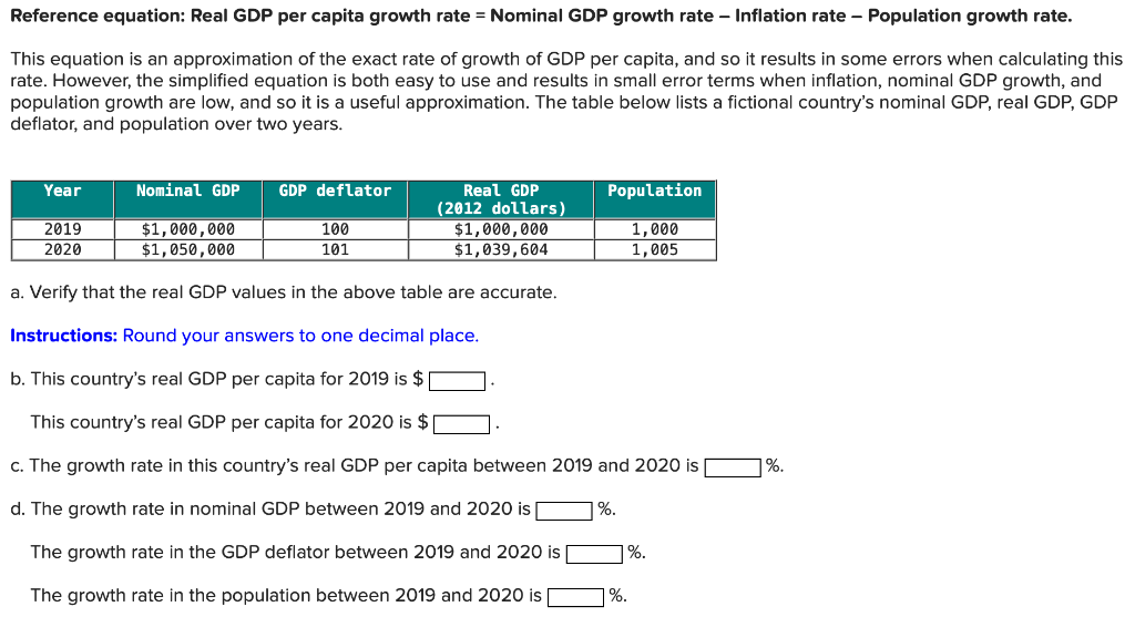 Solved Reference equation: Real GDP per capita growth rate = | Chegg.com