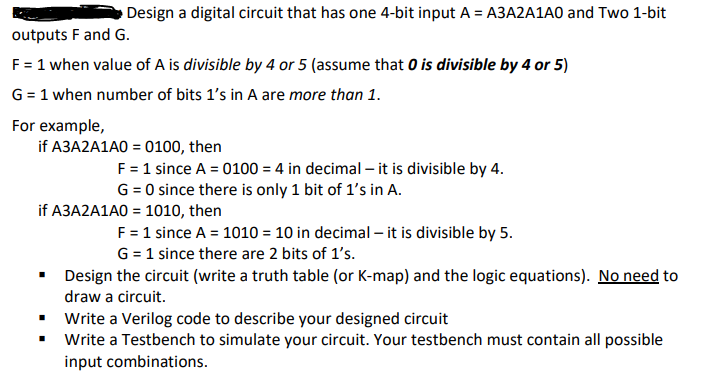 Solved Design a digital circuit that has one 4-bit input A = | Chegg.com