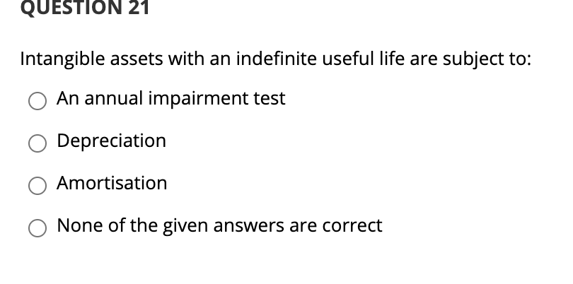 Solved QUESTION 21 Intangible assets with an indefinite | Chegg.com