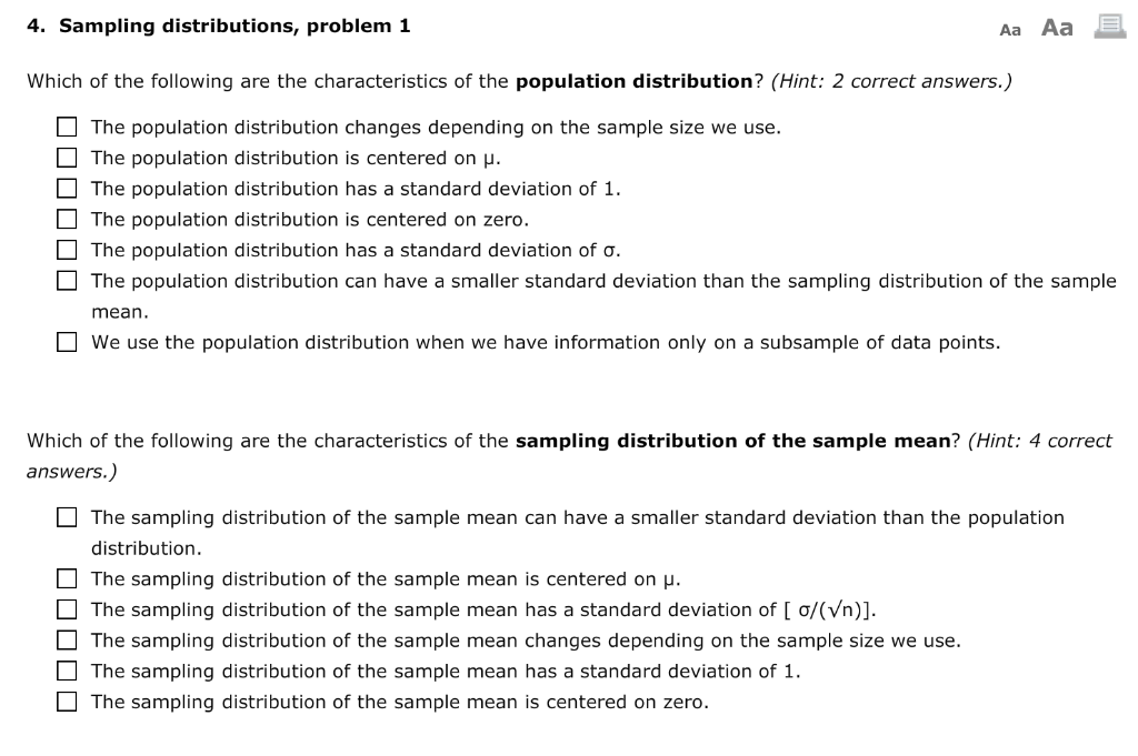 Solved 4. Sampling distributions, problem 1 Aa Aa Which of | Chegg.com