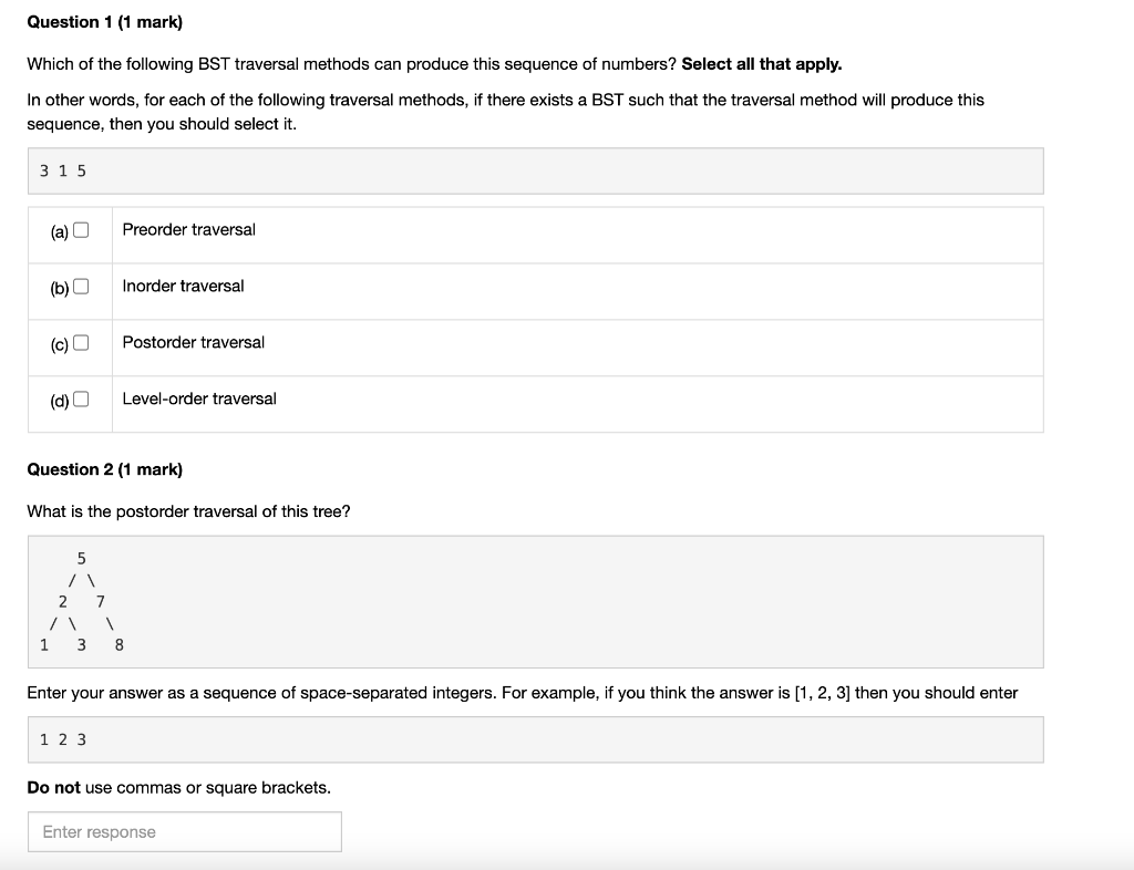 Solved Question 1 (1 mark) Which of the following BST | Chegg.com