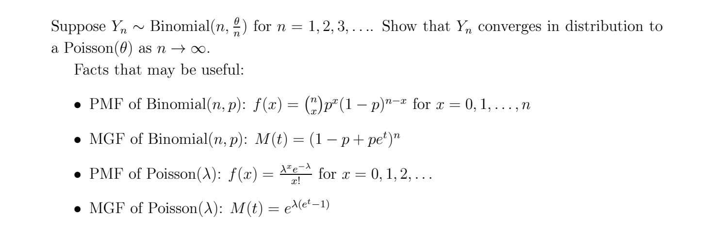 Solved n = Suppose Yn Binomial(n, ) for n = 1, 2, 3, .... | Chegg.com