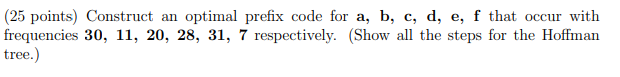 Solved (25 points) Construct an optimal prefix code for a, | Chegg.com