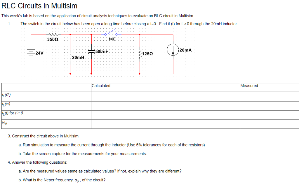 RLC Circuits in Multisim This week's lab is based on | Chegg.com