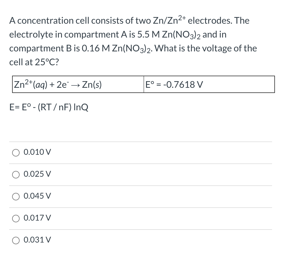 Solved A concentration cell consists of two Zn/Zn2+ | Chegg.com