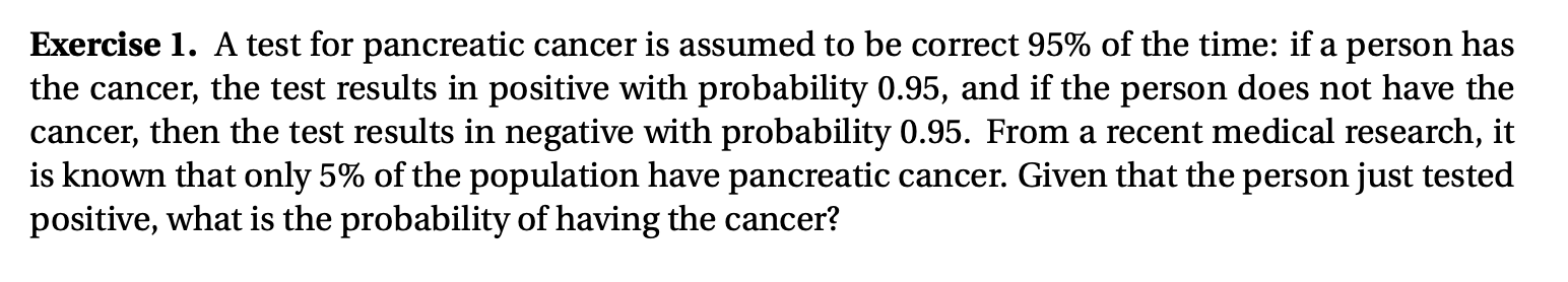 Solved Exercise 1. A test for pancreatic cancer is assumed | Chegg.com