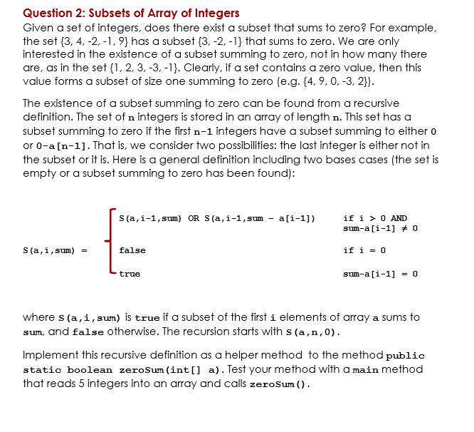 Question 2: Subsets of Array of Integers Given a set | Chegg.com