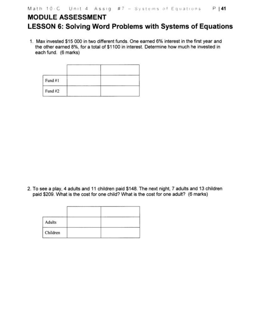 Solved P|41 Math 10 C Unit 4 Assig #7 - Systems of Equations | Chegg.com