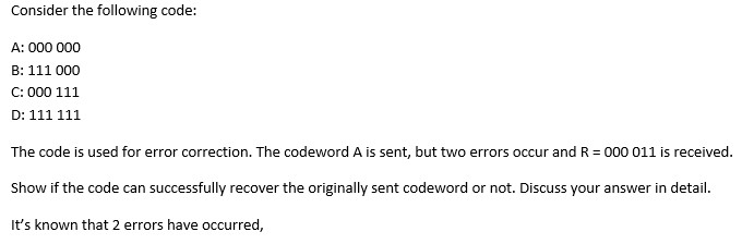 Solved Consider the following code: A: 000 000 B: 111 000 C: | Chegg.com