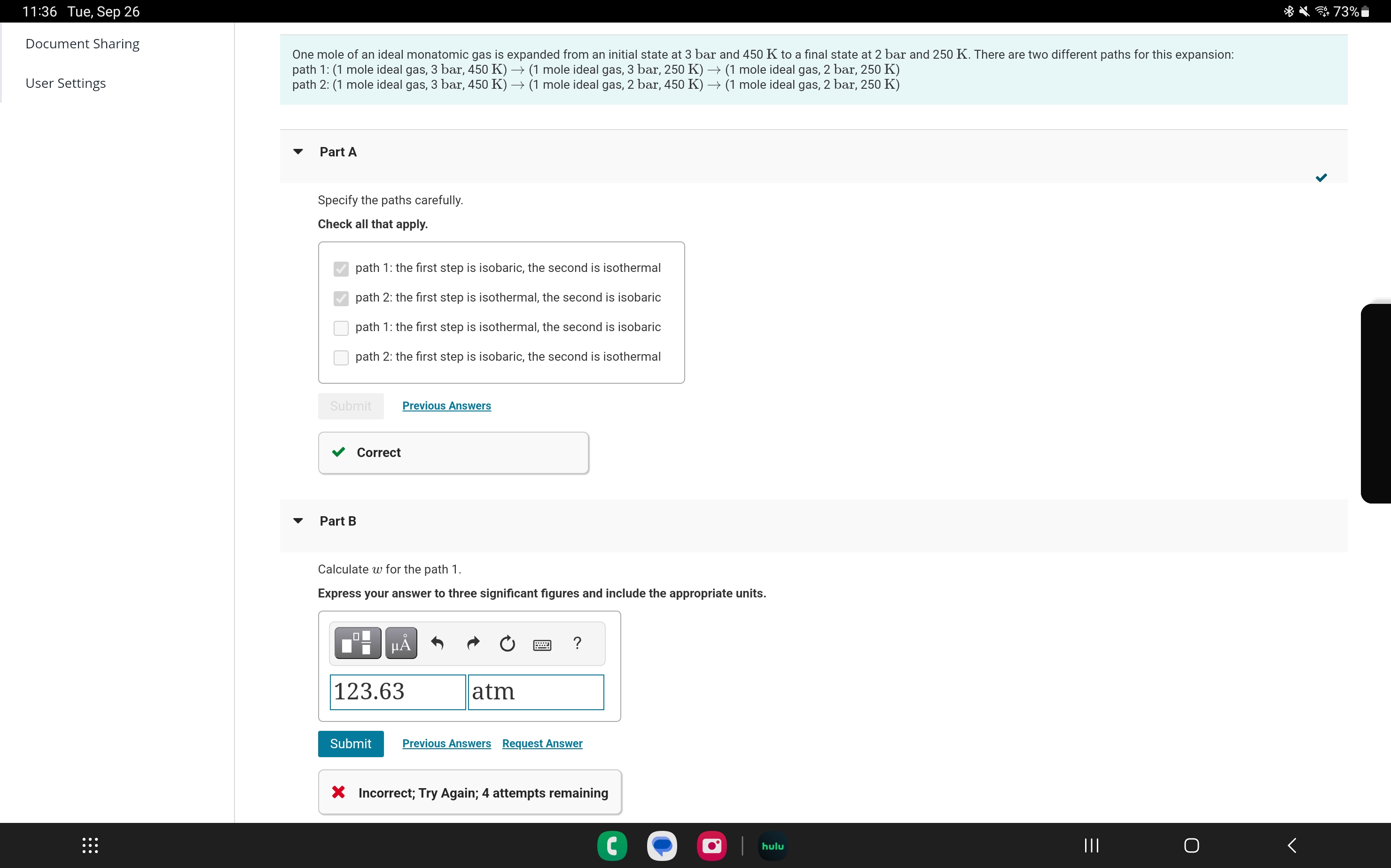 Document Sharing User Settings Calculate ΔU for the | Chegg.com