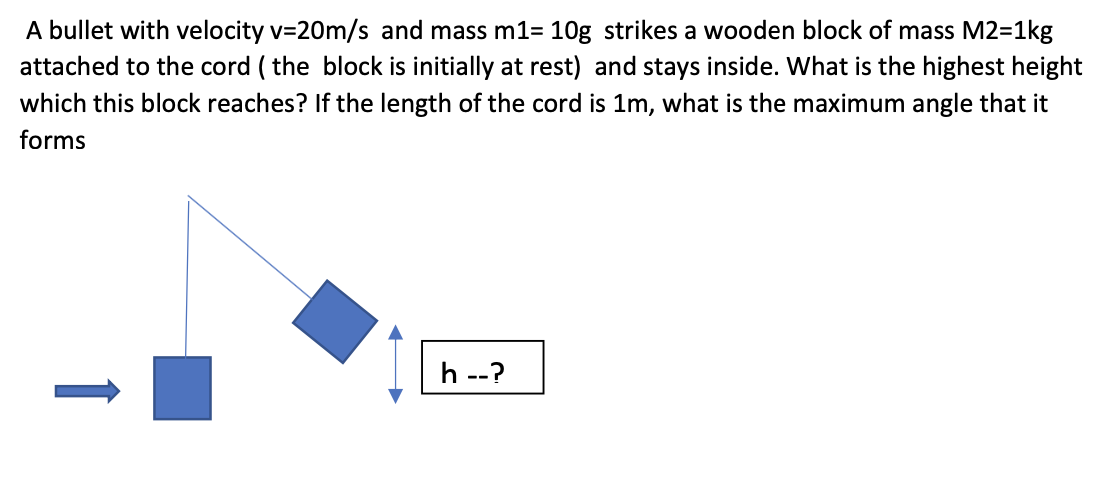 Solved A bullet with velocity v=20m/s and mass m1= 10g | Chegg.com
