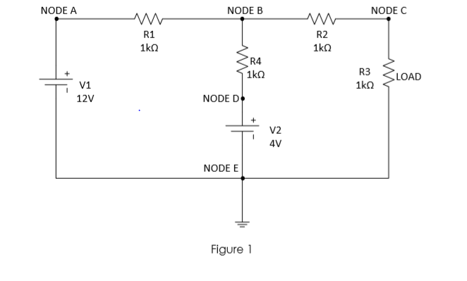 Solved NODE A NODE B NODEC R1 1k R2 1k R4 1k2 R3 1kn LOAD V1 | Chegg.com