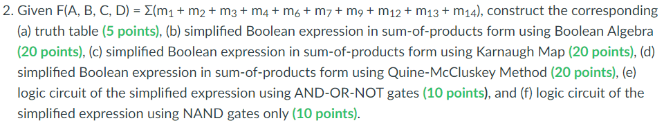 Solved 2. Given F(A, B, C, D) = E(m1 + m2 + m3 + m4+m6+m7+ | Chegg.com
