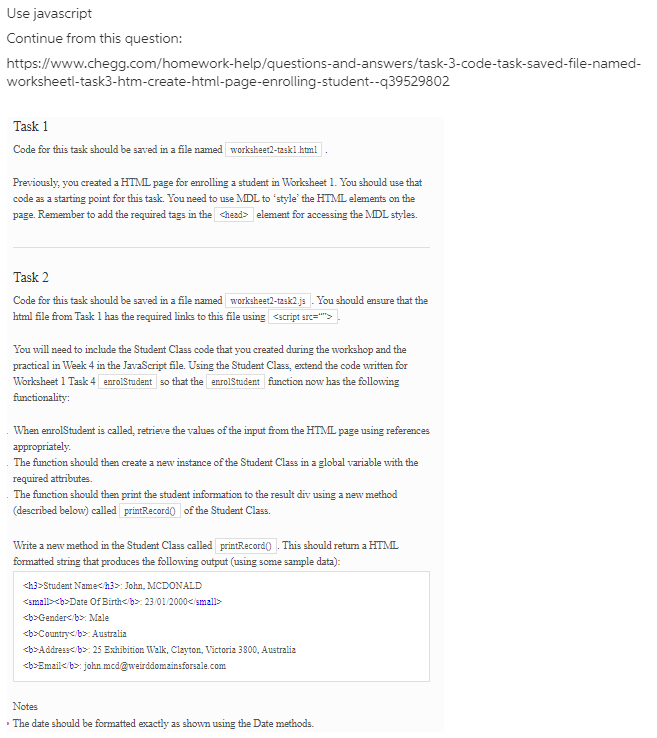 Use javascript Continue from this question: | Chegg.com
