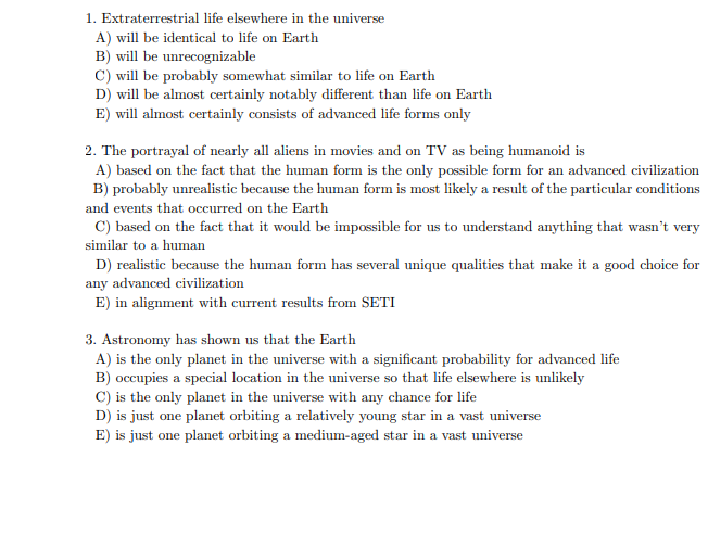 Solved 1. Extraterrestrial life elsewhere in the universe A) | Chegg.com