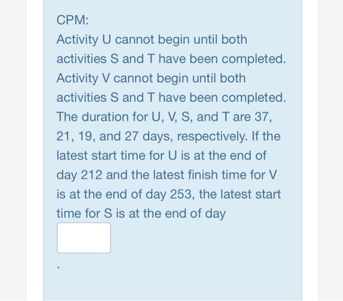 Solved CPM: Activity U cannot begin until both activities S | Chegg.com