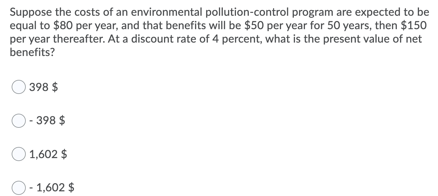 Solved Suppose the costs of an environmental | Chegg.com