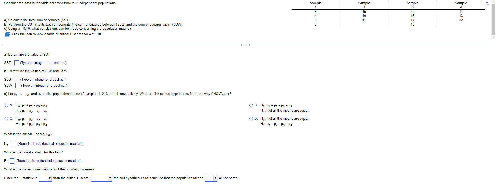 Solved Consider the data in the table collected from four | Chegg.com